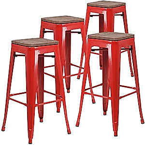 Flash Furniture Lily 4 Pk. 30" High Backless Red Metal Barstool with Square Wood Seat