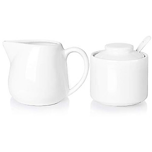 ONTUBE Porcelain Sugar and Creamer Set of 3,Cream Pitcher, Spoon, Sugar Bowl with Lid,Cream (White)
