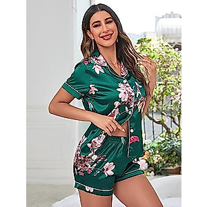 WDIRARA Women's Sleepwear 2 Piece Satin Floral Print Short Sleeve Shirt and Shorts Silk Pajama Set Green XL