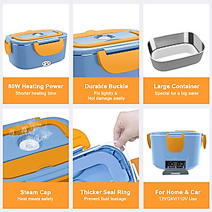 HOLDRUBY 75W Electric Lunch Box food heated 3 In 1 Portable Food Warmer Heater for Car/Truck/Home Heating Lunch Box with 1.5L 304 SS Container, Fork Spoon & Bag (Light Blue+Yellow)