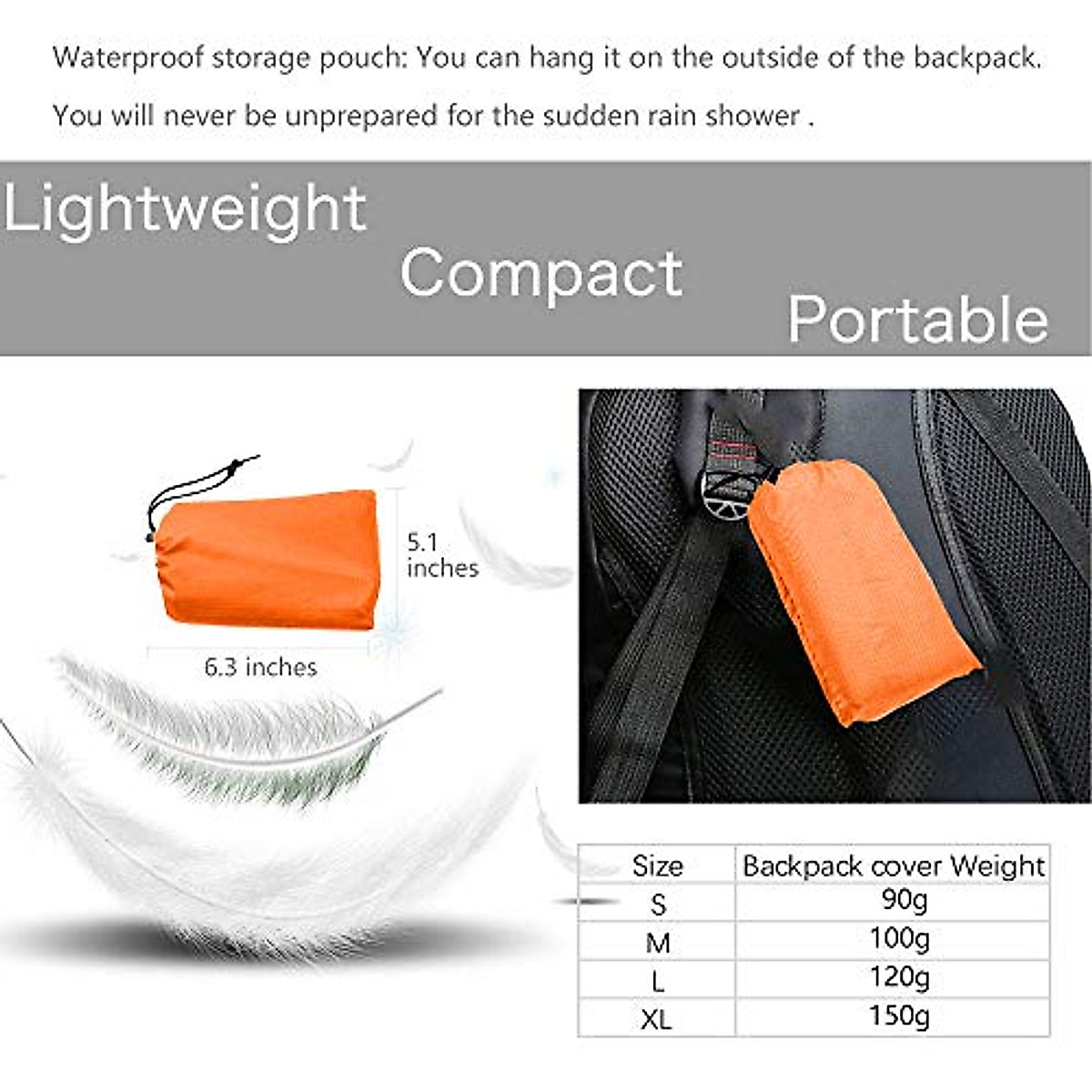 WSZCML Backpack Rain Cover, Upgraded Adjustable Waterproof Backpack Cover (10-90l) (Orange, S (for 10L-25L Backpack))