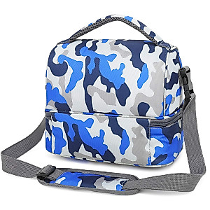 FlowFly Kids Double Decker Cooler Insulated Lunch Bag Large Tote for Boys, Girls, Men, Women, With Adjustable Strap, Blue Camo
