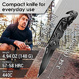 Bundle of 2 Items- Black Pocket Knife - Serrated Sharp 3,5" Blade Folding Knives - Knife with Glass Breaker and Pocket Clip - Camping Hunting Hiking Fishing EDC Survival Boy Scout Knife Gifts for Men