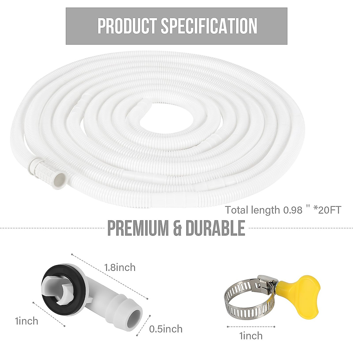 BEWAVE Air Conditioner Drain Hose Kit, Universal Durable Drain Pipe for Mini Split AC Ductless Heat Pump, Portable AC Washer Dishwasher, 20 FT