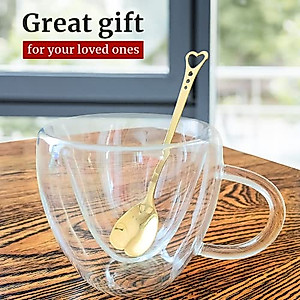 Lucy Sui Heart Shaped Cup - Double Walled Insulated Glass Coffee Mug or Tea Cup - Double Wall Glass 8oz (240ml) - Clear - Unique & Insulated with Handle - With Teaspoon
