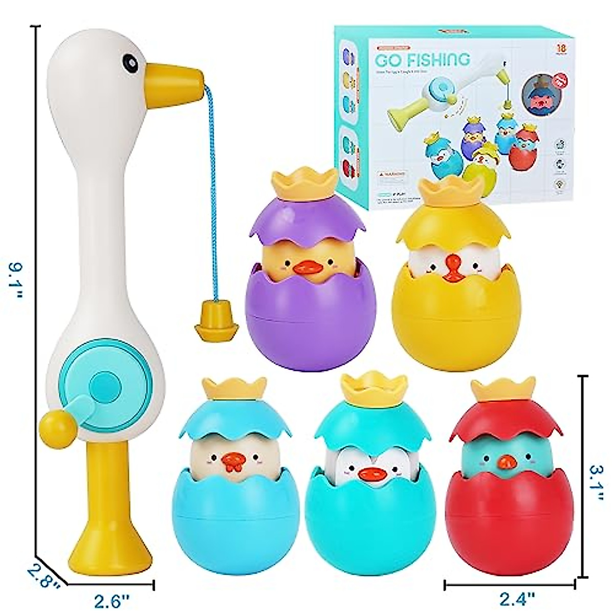 Hiitytin Bath Toy for Toddlers 1-3 Bathtub Toy with Fishing Floating Squirts Toy Water Scoop Swimming Egret Bird and Stacking Cups (6 Pack)