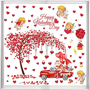 Valentine's Day Wall Decals Decor Pink Heart Tree Wall Stickers Couple Gnome Love Window Sticker Cupid Wall Sticker Valentines Window Decal Peel and Stick for Wedding Anniversary Engagement Decoration
