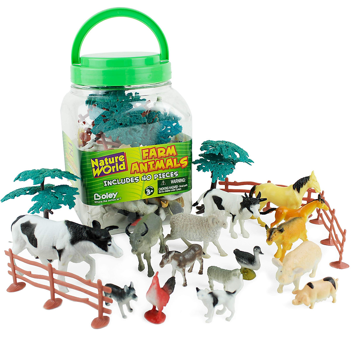 Boley Farm Animal Toy Bucket - 40 Piece Educational Playset with Horses, Cows, Roosters, Sheep, Fences, Trees - Perfect for Imaginative Play, Easy Storage, and Cleanup - Child Safe, Durable, and Fun