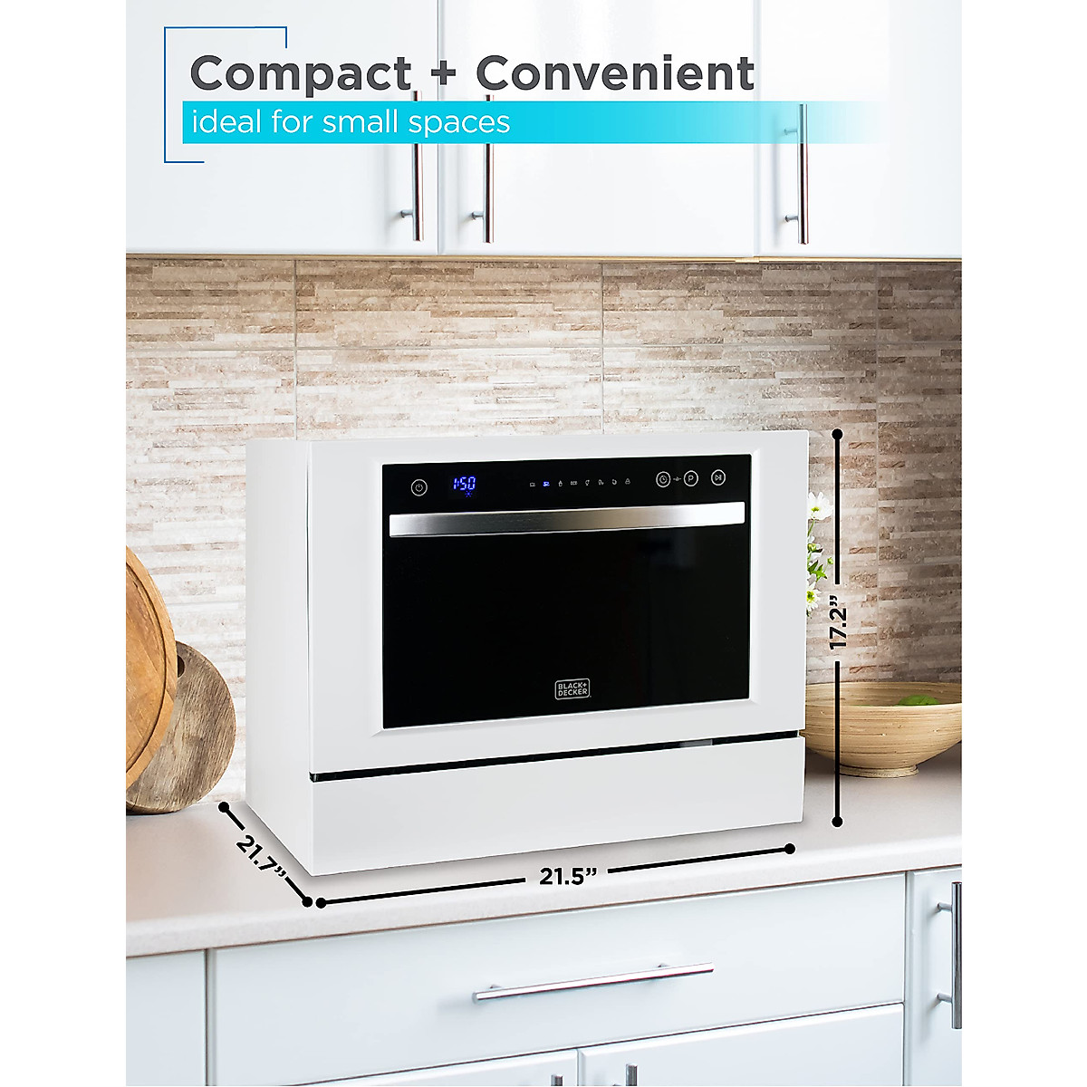 BLACK+DECKER BCD6W Compact Countertop Dishwasher, 6 Place Settings, White