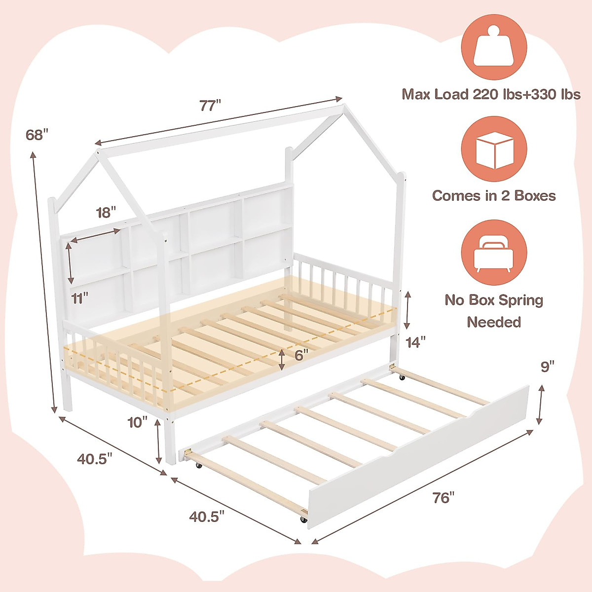 KOMFOTT Wood Twin House Bed with Trundle, Kids Playhouse Platform Bed Frame with Roof & 8 Storage Shelves, 2-in-1 Montessori Bed for Kids Boys Girls, No Box Spring Needed, White