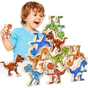 ACOUCB Wooden Dinosaur Stacking Toys for Kids 3-7, 16pcs Large Sensory Montessori Toys, Balance Competition Game Building Toys, Easter Basket Stuffers, Birthday Gift for Boys Girls