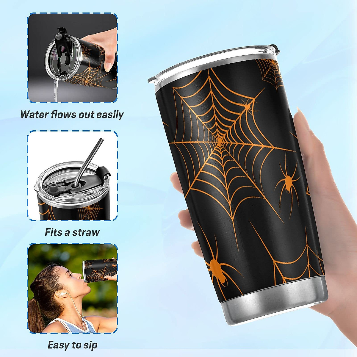 Yasala Halloween Tumbler Orange Spider Cobweb Insulated Coffee Cup Back to School Beverage Container Office Travel Mug with Straw and Lid 20oz Holiday Gift Day of The Dead Present