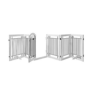 PAWLAND 144-inch Extra Wide 30-inches Tall Dog gate with Door Walk Through, Freestanding Wire Pet Gate for The House, Doorway, Stairs, Pet Puppy Safety Fence, Support Feet Included, White,6 Panels