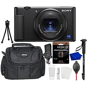Sony ZV-1 Digital Camera Bundle with Water Resistant Gadget Bag, Monopod, 64GB Memory Card, Card Reader + More | Point & Shoot Camera for Content Creators, Vlogging and YouTube