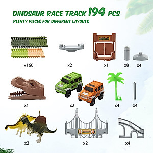 EagleStone 194 Pcs Dinosaur Race Car Tracks Set for Kids,Flexible Train Tracks to Create A Dino World Road with Bridge,2 Electric Cars with LED Light,Best Gift for Toddlers Boys and Girls