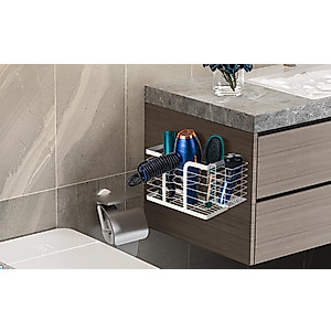 YUET Hair Dryer Holder Station/Wall Mounted, Hairdryer Stainless Steel Hair Tools Organiser, Hair Accessories Organiser Storage for Hair Brushes, Straightener, Flat Iron, Curling Wand (White)