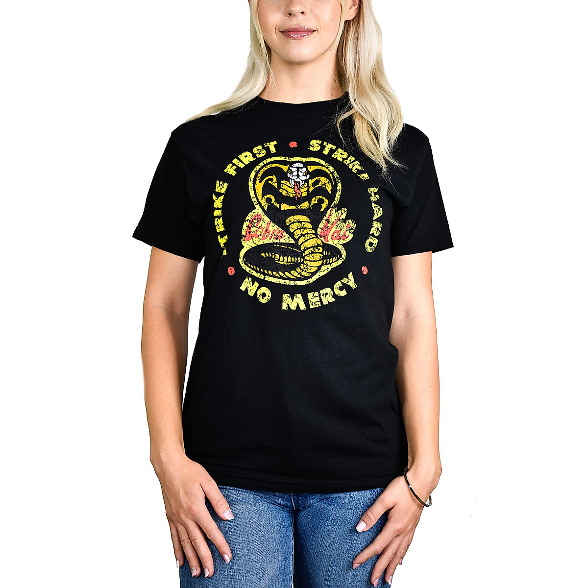 Karate Kid Strike First Cobra Kai Logo Crew T-Shirt(MD, Black)