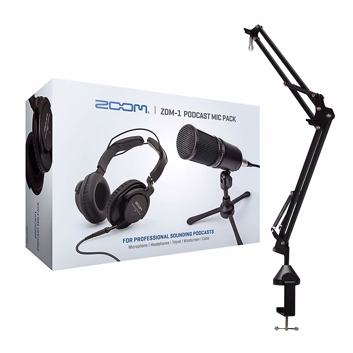 Zoom ZDM-1 Podcast Microphone Pack with Headphones and Mic Cables Bundle with Boom Arm Microphone Stand (2 Items)