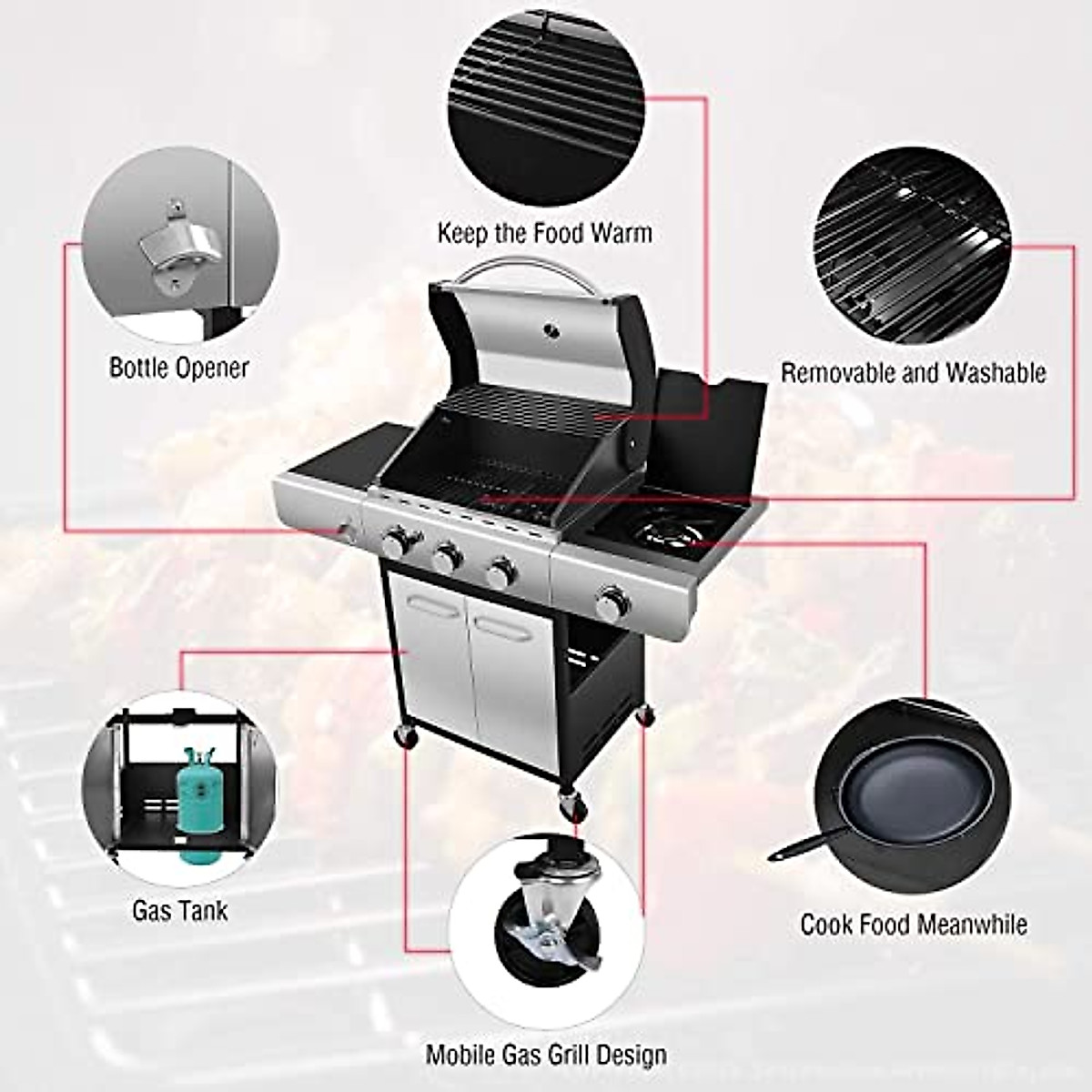 Kismile Gas Grill, 3-Burner Griddle with Extra Side Burner, Max. 34,000 BTU total, Built-in Thermometer, Stainless Steel Propane Grill for Camping Picnic Cookout BBQ