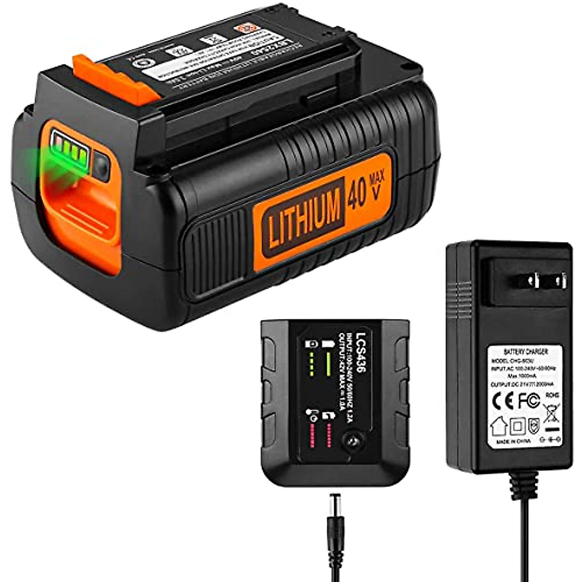 AYTXTG 3.0Ah 40V Replacement Black and Decker 40Volt Lithium Battery LBX2040 LBXR36 LBXR2036 LST540 LBX1540 LST136W with a LCS40 LCS36 Portable Charger for Black Decker 40V Battery Charger