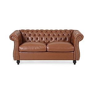 Merax 61" Retro PU Leather Chesterfield Loveseat with Button Tufted and Rolled Arm, Mid Century Small Couch Sofa Love Seat for Bedroom, Office, Living Room & Apartment, Easy Assembly Furniture, Brown