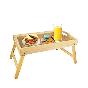 Bed Tray Table with Folding Legs, Bamboo Breakfast Food Lap Tray for Eating, Bed, Sofa, Working, Drawing, Kitchen Platters Desk Foldable Serving Bed Tray with Handles Laptop Computer Snack Tray Table