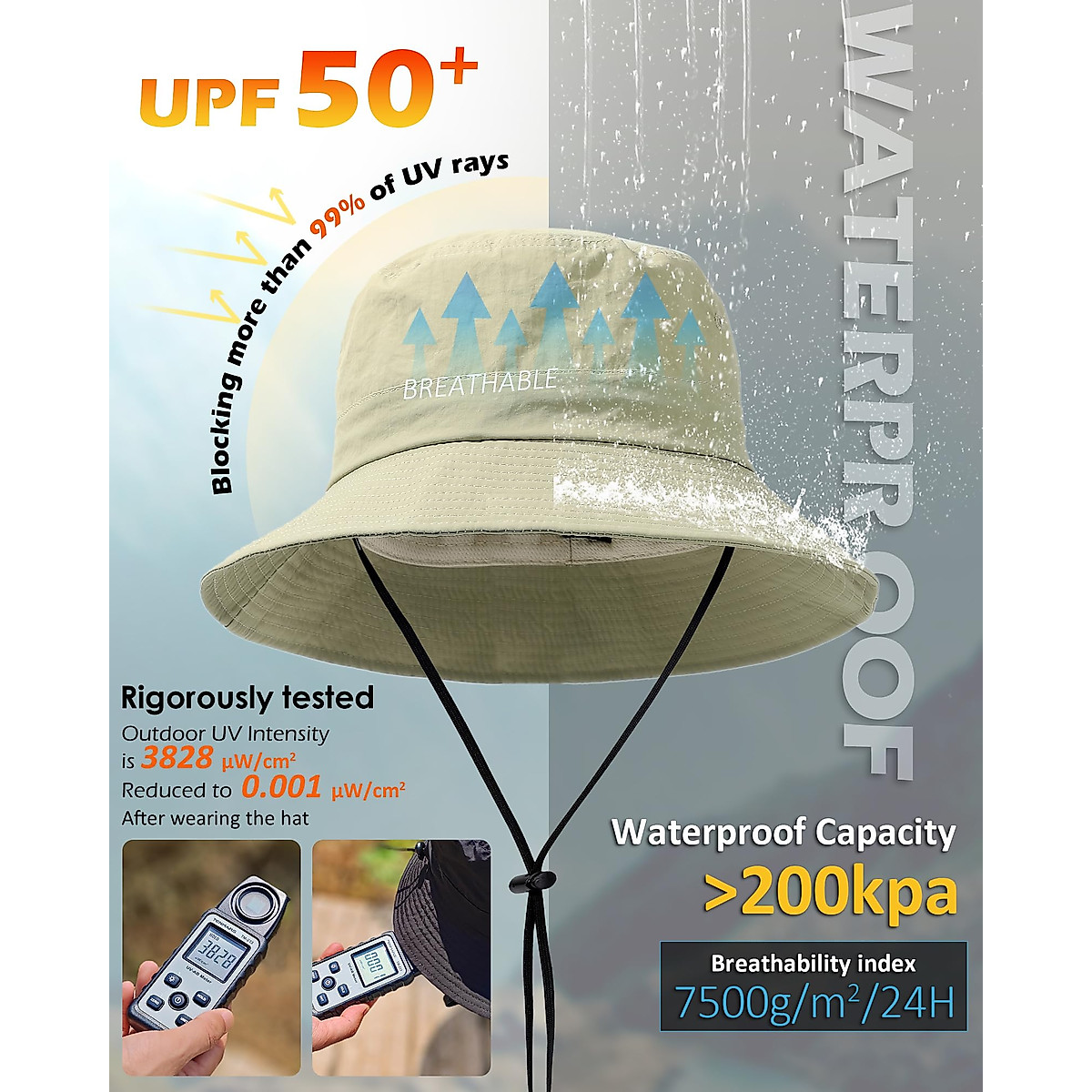 Waterproof Bucket Hat for Women Men Rain Hat UPF 50+ Wide Brim Boonie Sun Hat Foldable Summer Floppy Beach Fishing Safari Hat Light Green
