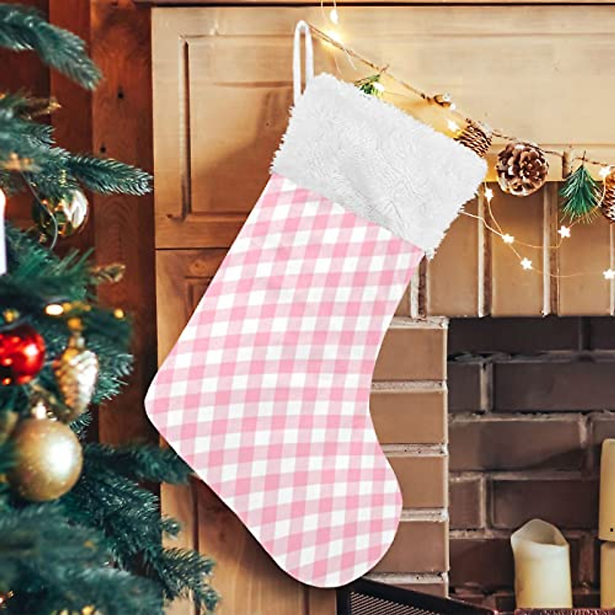 Kigai Christmas Stockings Pink Gingham Large Candy Stockings Stuffers Kids Cute Xmas Sock Decorations 2PCS for Home Holiday Party 12" x18"