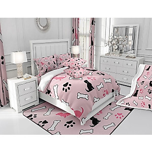 Castle Fairy Cute Dog Pattern Bedding Set,Pink Black White Comforter Cover Set for Teens Women Room Decor,Dog Paw Print Duvet Cover Breathable Kawaii Animals Bedspread Cover Full Size