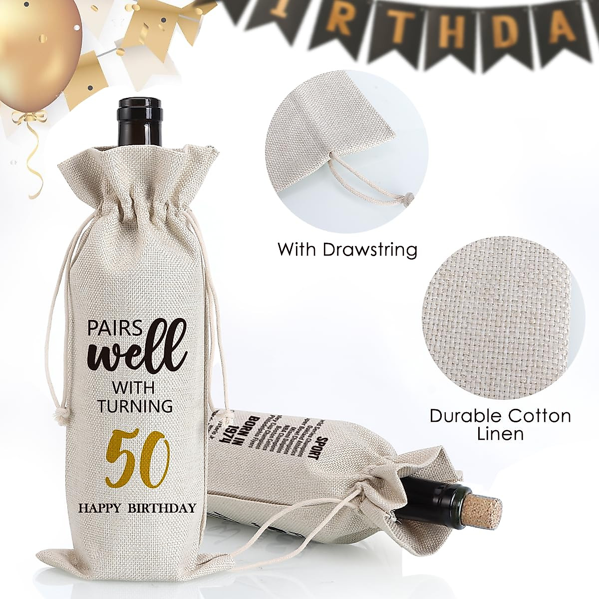50th Birthday Gift Ideas for Women Men, 50 Years Old Birthday Party Decoration Wine Bag Gifts, Happy 50th Birthday Decor, Pairs Well with Turning 50, 1975 Wine Bag