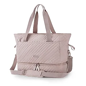 BAGSMART Weekender Overnight Bag 39L Large Travel Duffle Bag for Women, Quilted Cotton Sports Gym Bag with Shoe Compartment, Carry-on Bag with Multiple Pockets, Machine Washable(Pink)