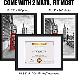 12x16 Picture Frames Made of Solid Wood Display Pictures 11x14 or 8.5x11 Diplomas with Mat or 12x16 Frame without Mat - Picture Frame for 11x14 Black With 2 Mats for Wall Mounting or Table Top Display
