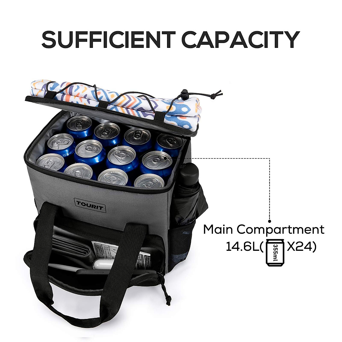 TOURIT Cooler Bag 24-Can Insulated Soft Cooler Lunch Coolers Portable Cooler Bag 14.6L for Picnic, Beach, Work, Trip, Daily,Grey