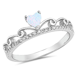 Clear CZ White Simulated Opal Heart Tiara Ring .925 Sterling Silver Band Size 6