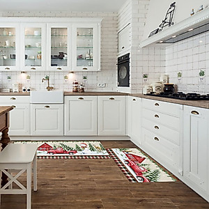 Libaoge Kitchen Mat Rug Set of 2 Christmas Snowman Tree Farmhouse Red Truck Runner Rug Anti-Fatigue Comfort Memory Foam Standing Mat Non-Slip Floor Door Mat for Bathroom Bedroom 24x35in+24x71in