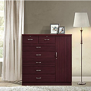 Hodedah 7 Drawer Jumbo Chest, Five Large & Two Smaller Drawers with Two Lock, Hanging Rod, and Three Shelves | Mahogany, 17.76" D X 47.24" W X 48.39" H