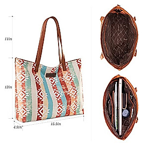Wrangler Tote Bag for Women Aztec Printed Canvas Shoulder Handbags Large Hobo Handbags Genuine Leather Shoulder Strap,WG53-8112BR