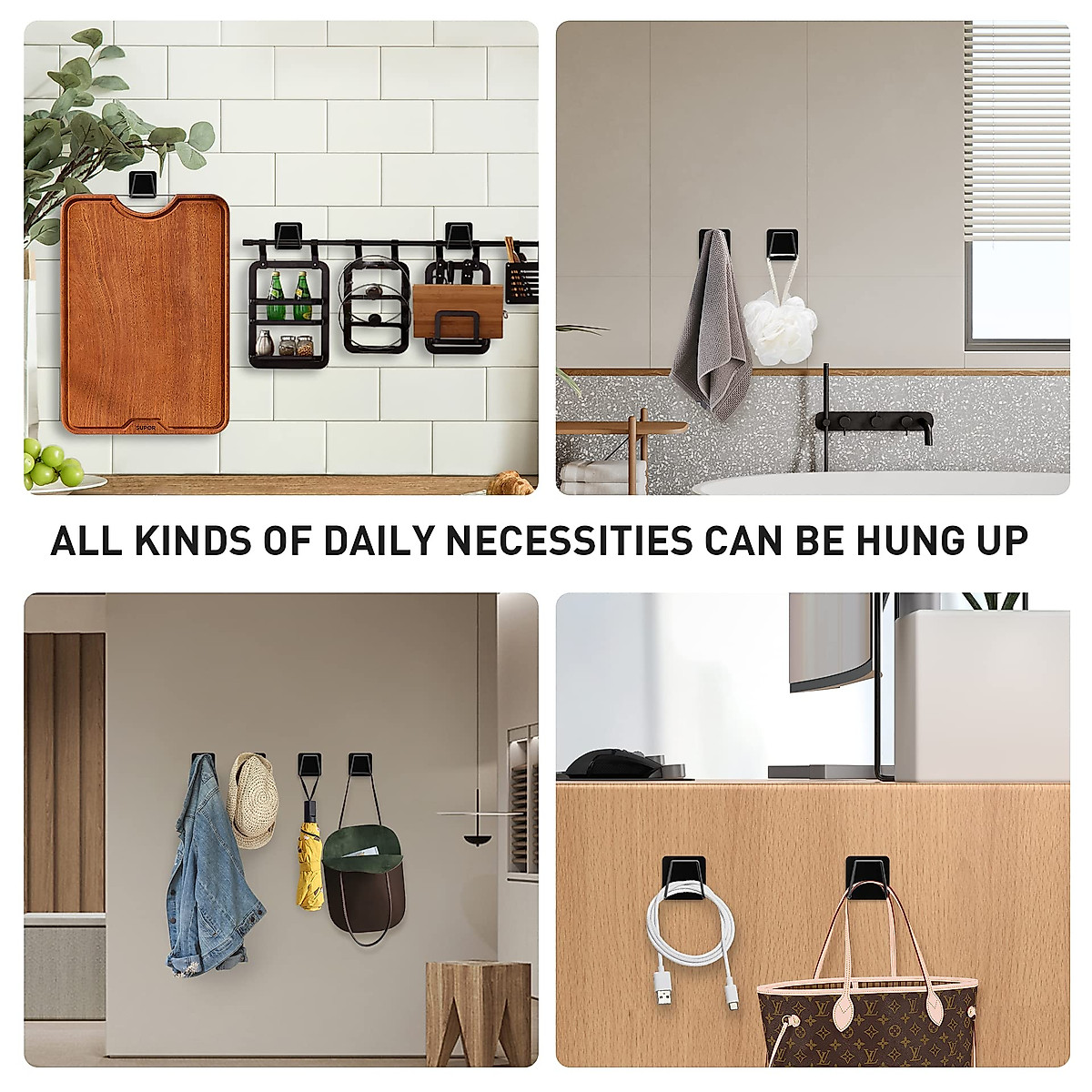 Adhesive Wall Hooks, Hooks for Hanging Wall Hanger Towel Hooks Heavy Duty Ideal for Bathroom Shower Kitchen Home Door Closet Cabinet Stainless Steel-6Pack-Black