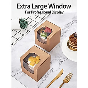 Happyhiram Cupcake Boxes 50 Pcs Brown Kraft Individual Cupcake Box, Single Container Paper Holder with Insert and Window for Muffins Cocoa Bombs Packaging Togo Boxes for Birthdays Party Favor