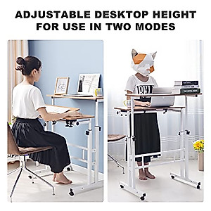 AIZ Adjustable Rolling Desk Cart on Wheels Home Office Computer Workstation, Portable Laptop Tall Table for Standing or Sitting, Oak