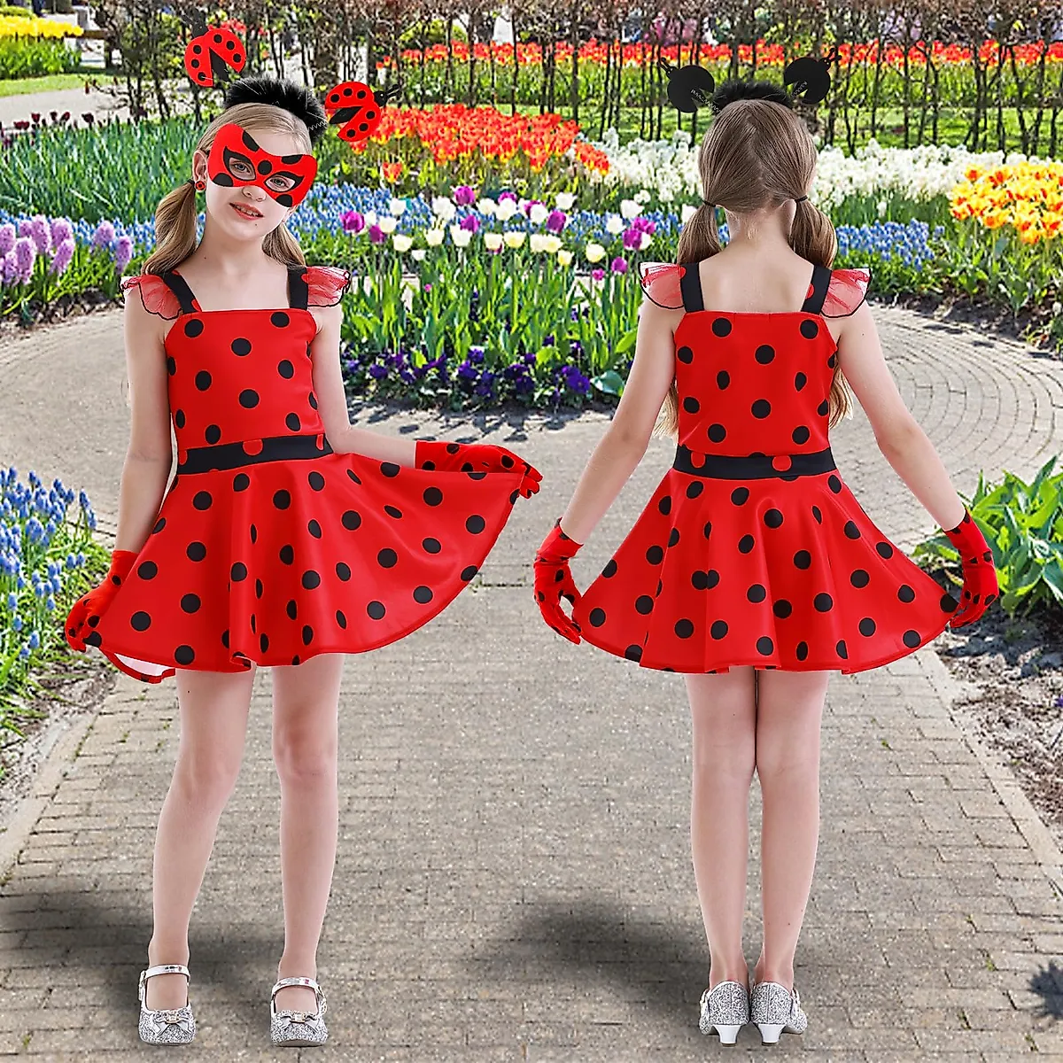 Girls Costume Polka Dots Dress Up Carnival Costume Birthday Outfit Christmas Party Cosplay Mask Gloves Headdress for Kids 130