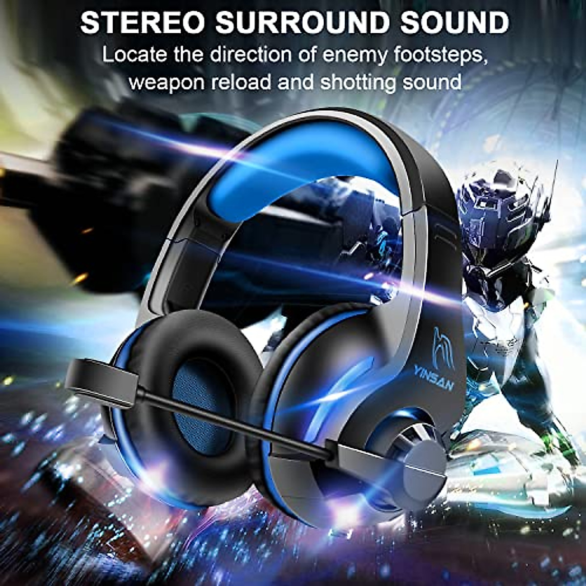YINSAN Gaming Headset for Nintendo Switch,Wired Headset with Microphone for PS4 Xbox One PC PS5,Bass Surround,LED Light,Volume Control & Noise-Isolation(1.5M USB Extension Cable Included)