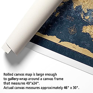 Holy Cow Canvas Personalized Push Pin World Travel Map with Pins, Gold & Navy World Map Pin Board, Push Pin Travel Map World on Canvas, Push Pin Map to Track Travels, Pin Map of World (Rolled 40"x24")