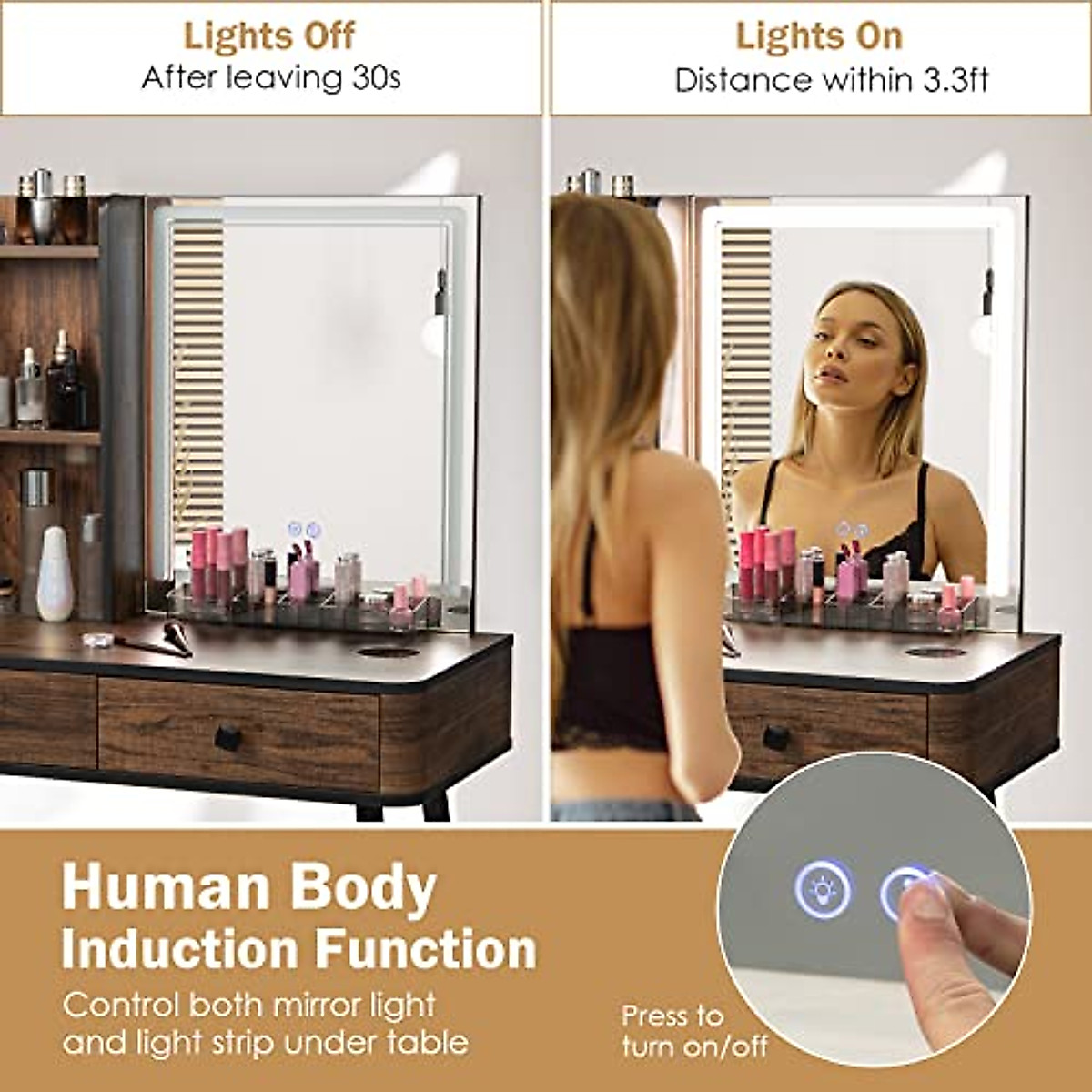 CHARMAID Vanity Set with Dimmable Lighted Mirror, 3 Lighting Modes, Human Body Induction, Side Cabinet, 2 Drawers, Storage Shelves, Cosmetic Tray, Makeup Table Dressing Desk with Stool (Rustic Brown)
