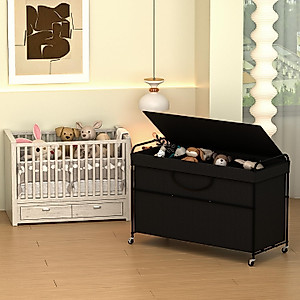 YKDIRECT 240L Large Laundry Hamper, 4 Compartment Laundry Basket with Lid, Removable Bag & Metal Structure with Industrial Wheels, Suitable for Bathroom, Dorm Room, Laundry Room (Black, 240L)