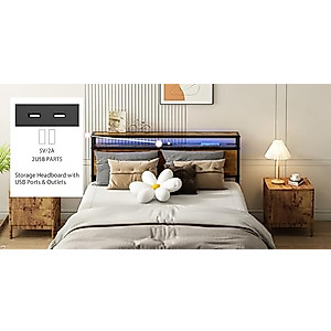 HoldoLife Queen Size Bed Frame with LED Lights and 2 USB Ports, Industrial Platform Bed with Storage Headboard, Non-Slip Noise Free Bed Frame, Rustic Brown, Easy Assembly (Queen)