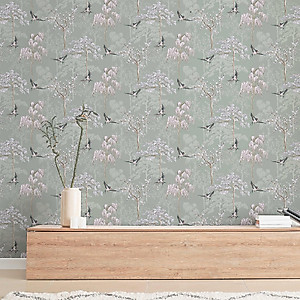 World of Wallpaper Japanese Garden Inspired Oriental Asian Themed Wallpaper for Living Room and Bedroom Cherry Blossom Trees and Oriental Birds - Sage Green 946102