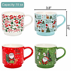 Elsjoy Set of 4 Christmas Stackable Coffee Mugs with Rack, 15 oz Christmas Coffee Mugs with Metal Stand Ceramic Mug Set, Xmas Holiday Cappuccino Cups for Cocoa, Latte, Americano