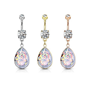 Amelia Fashion 14GA Rainbow Glitter Opalite Stone Dangle Belly Button/Navel Ring 316L Surgical Steel (Choose Color) (Gold/Clear)