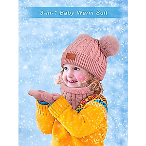 Cooraby 3 Pieces Toddler Winter Knitted Hat Scarf Gloves Set Knit Fleece Lined Thermal Set for Boys Girls, Coral